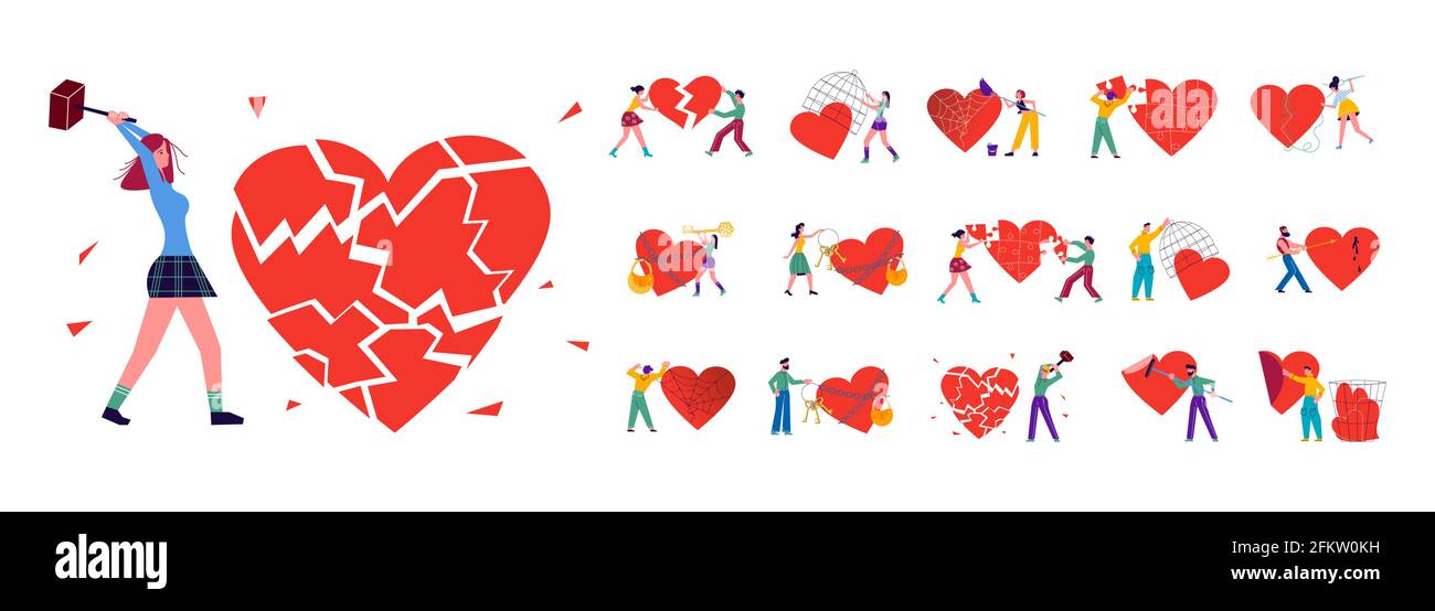 Set of heartbreak or Divorce concepts and Love abuse symbols. Man and ...