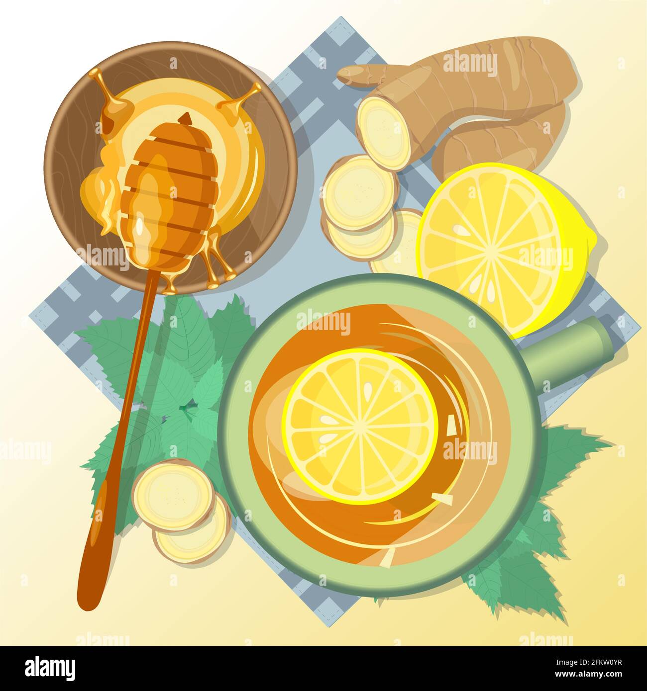 Herbal tea with lemon balm, ginger and honey. Mint leaves, chopped ...