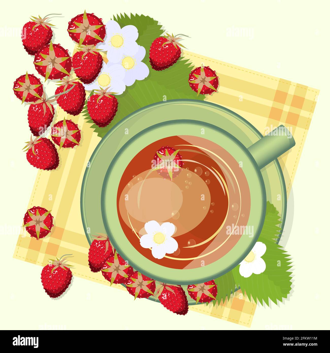 A cup of strawberry tea with berries, leaves and strawberry flowers top ...