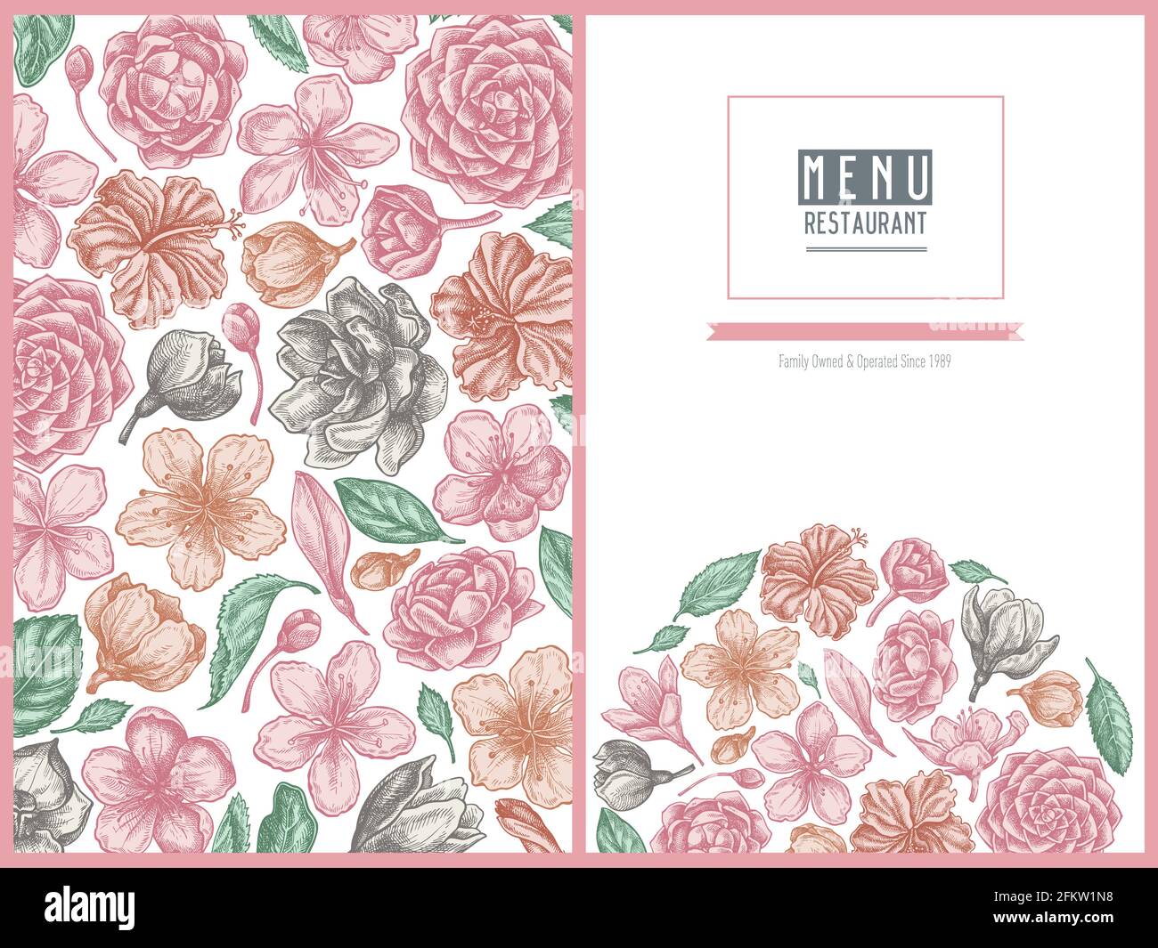 Menu cover floral design with pastel hibiscus, plum flowers, peach ...