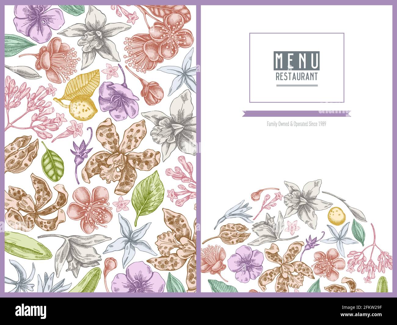 Menu cover floral design with pastel laelia, feijoa flowers, glory bush ...