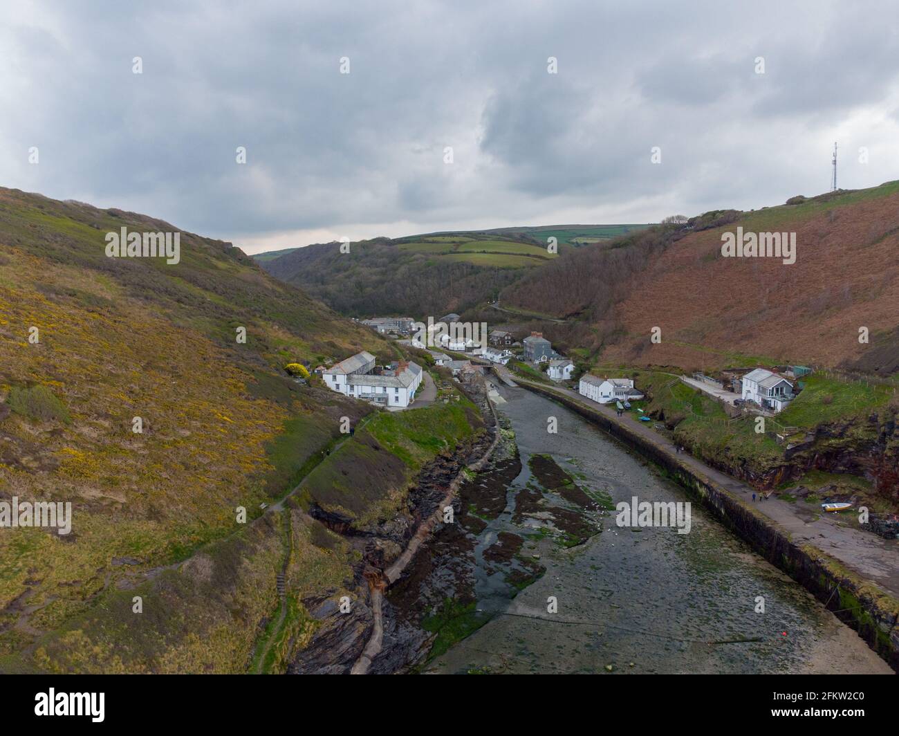 Boscastle harbour Cornwall England uk aerial drone from above Stock ...