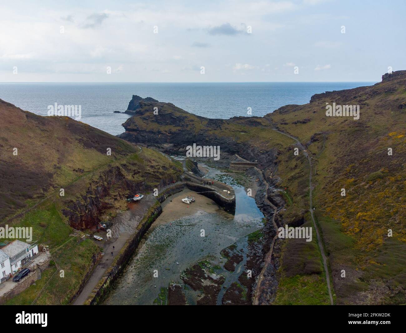Boscastle harbour Cornwall England uk aerial drone from above Stock ...