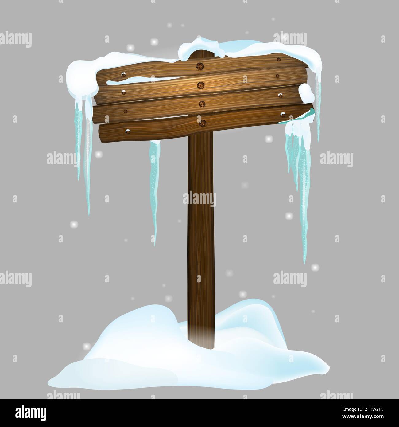 Wooden sign in a snowdrift and icicles. Winter background for messages ...