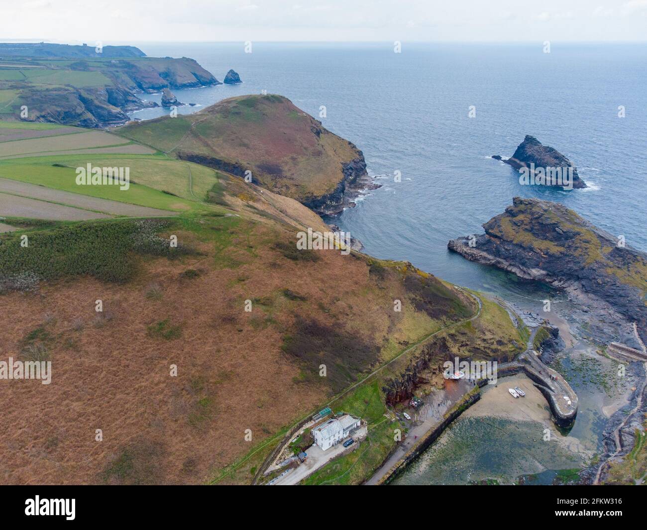 Boscastle harbour Cornwall England uk aerial drone from above Stock ...