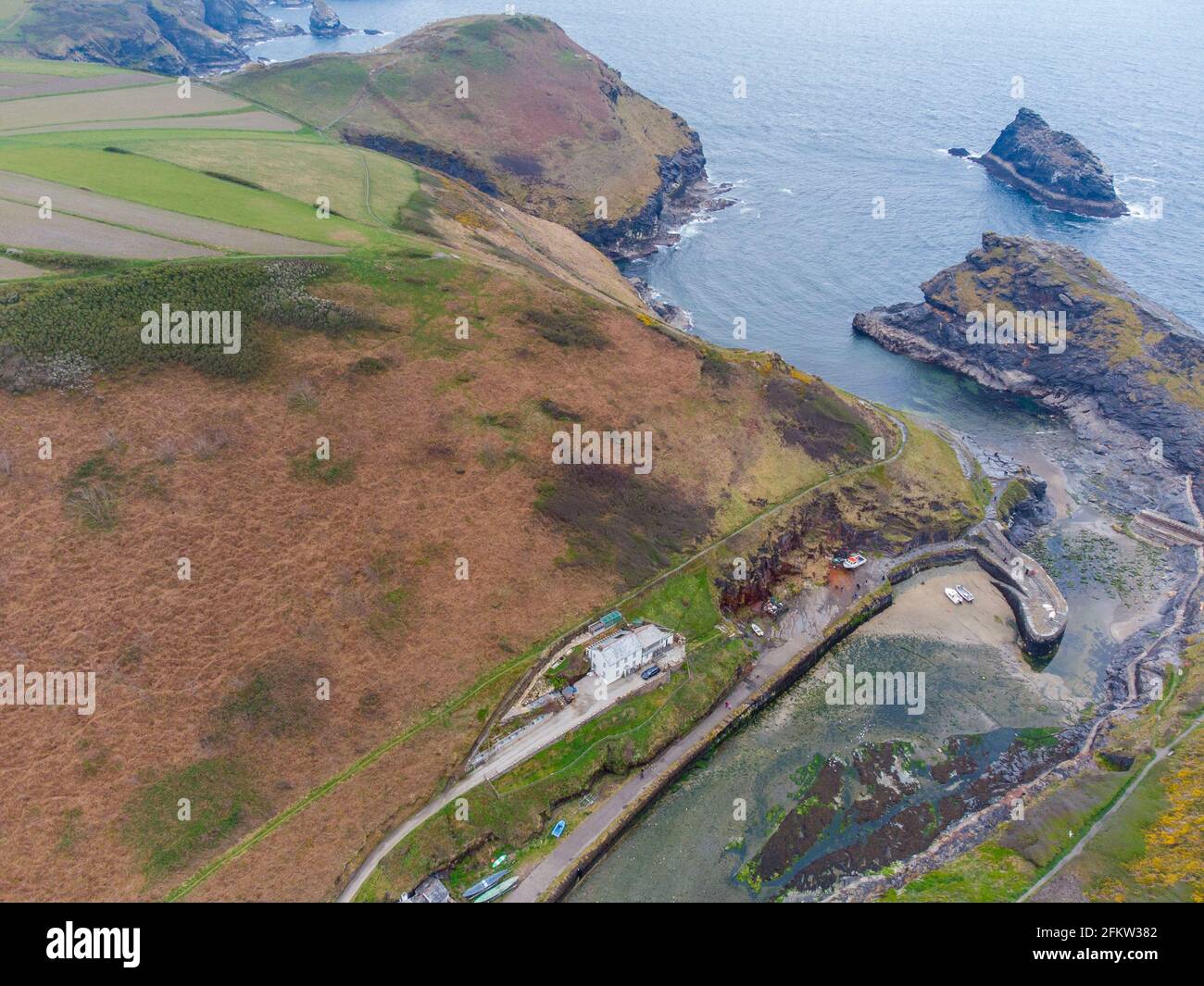 Boscastle harbour Cornwall England uk aerial drone from above Stock ...