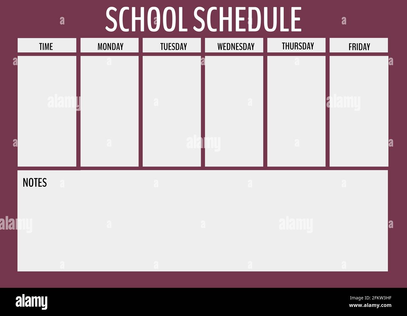 Composition of school schedule, with days, time and notes in black text ...