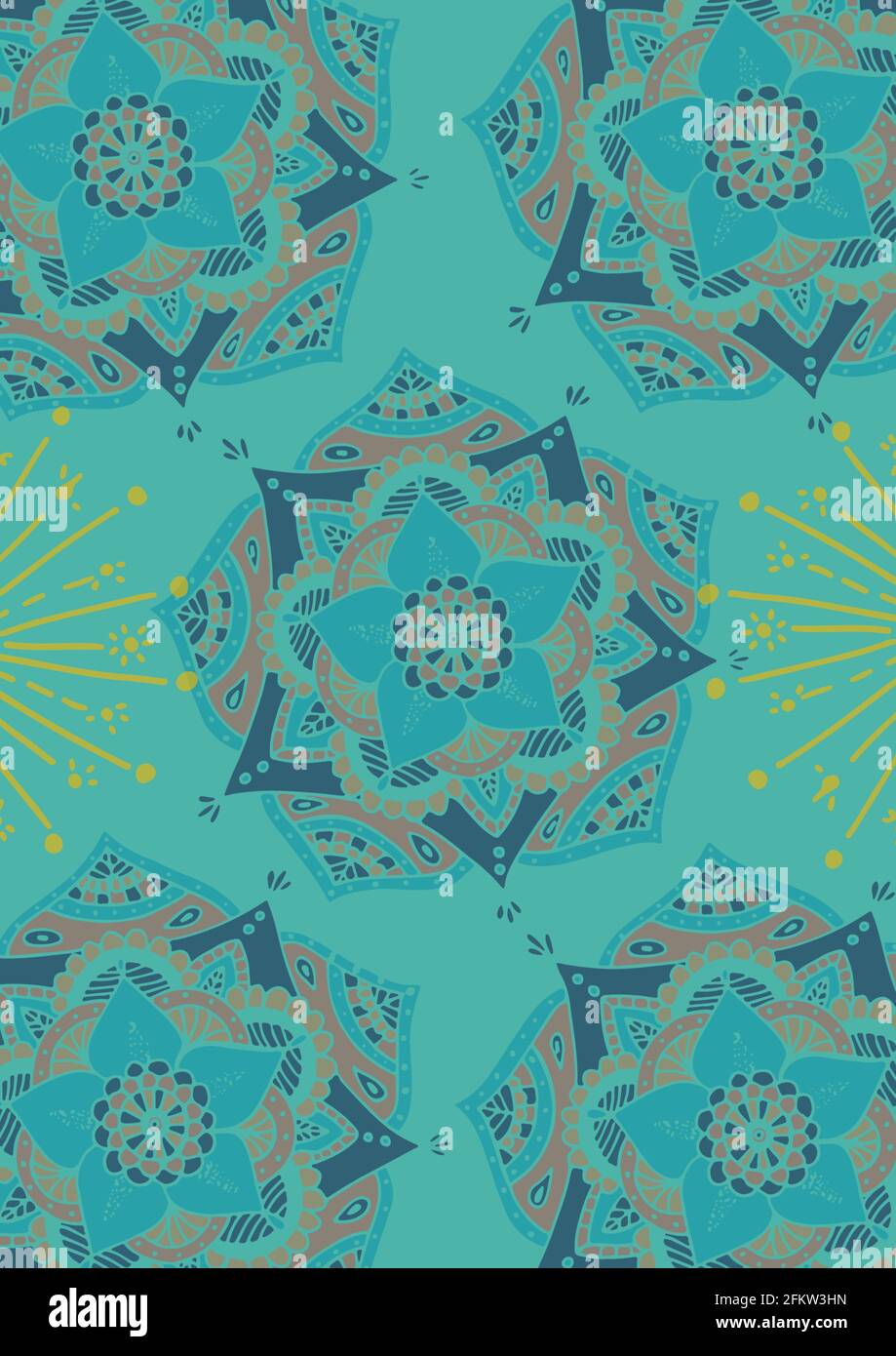 Composition of blue floral pattern design repeated on turquoise blue ...