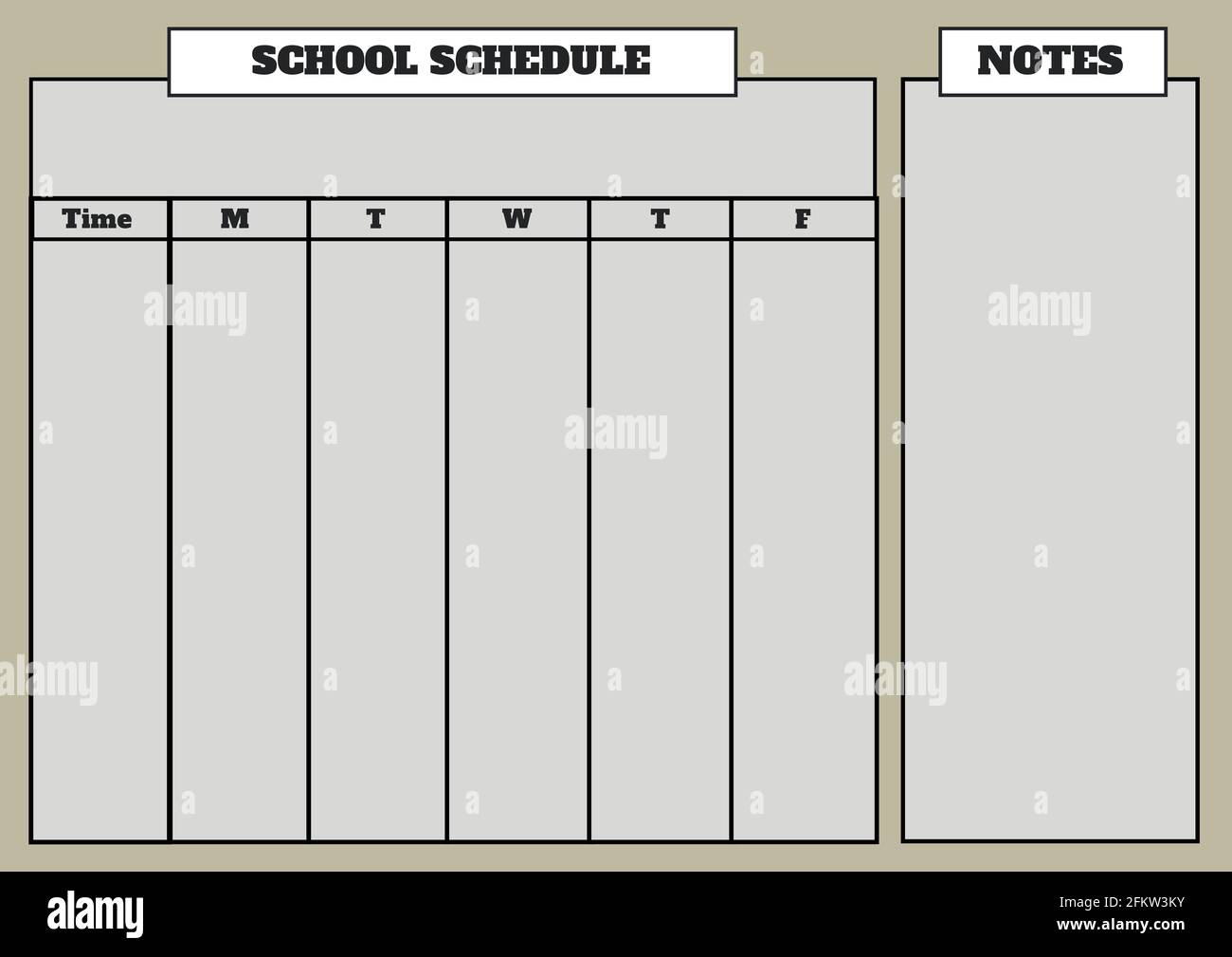 Composition of school schedule and notes text, with days, time and grid ...