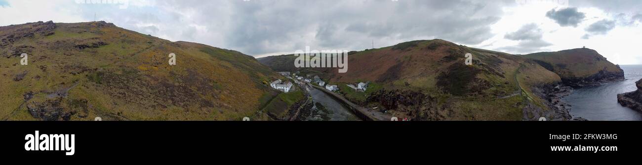 Boscastle harbour Cornwall England uk aerial drone from above Stock ...