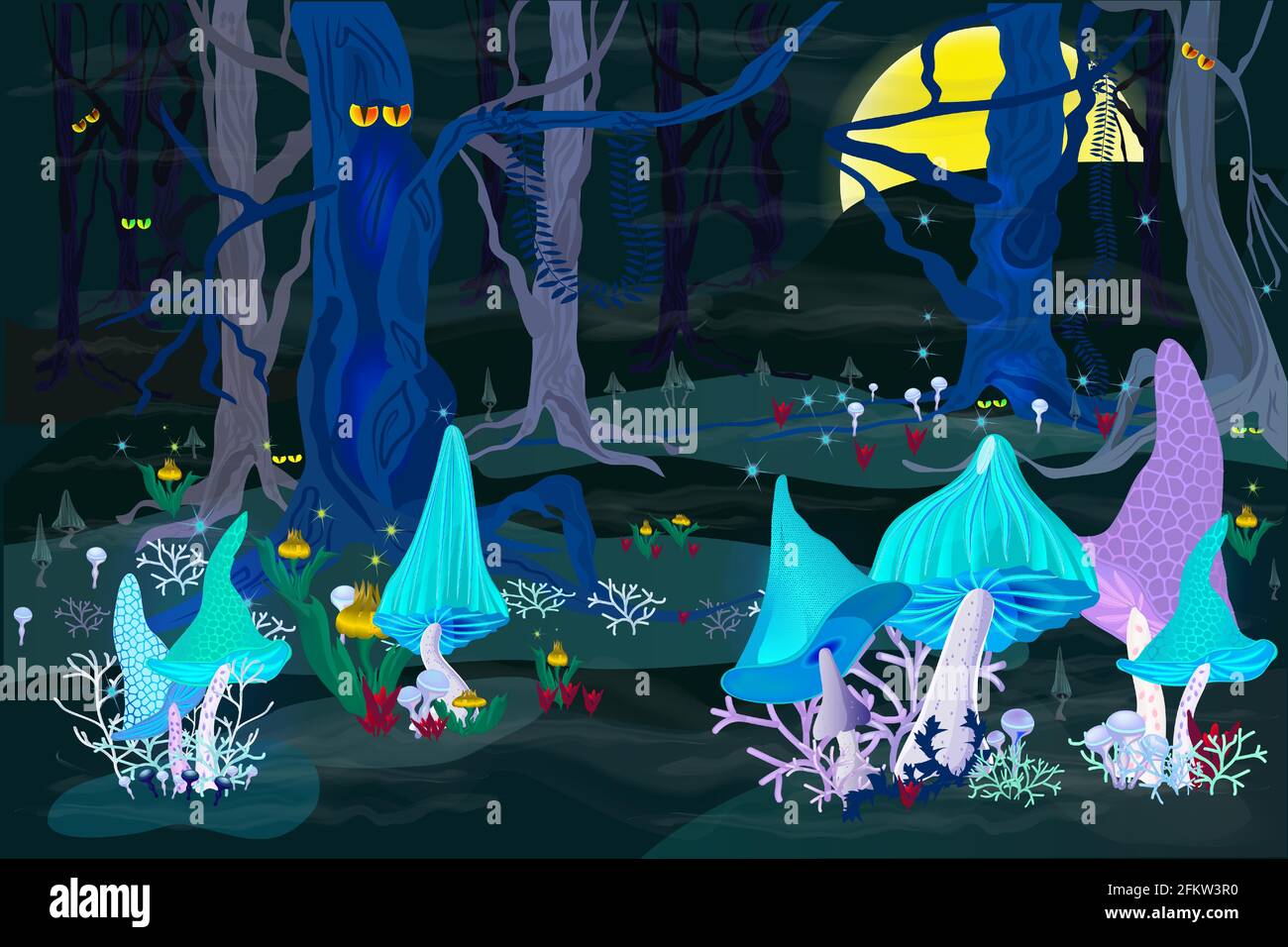 Phosphorizing magic mushrooms in a fairy forest. Full moon in a ...