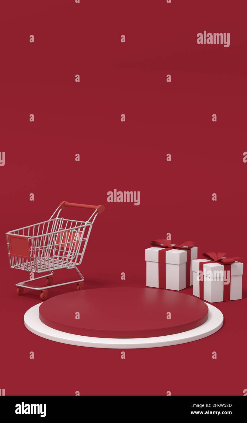 Empty merchandise stage with shopping cart and present box, 3d ...