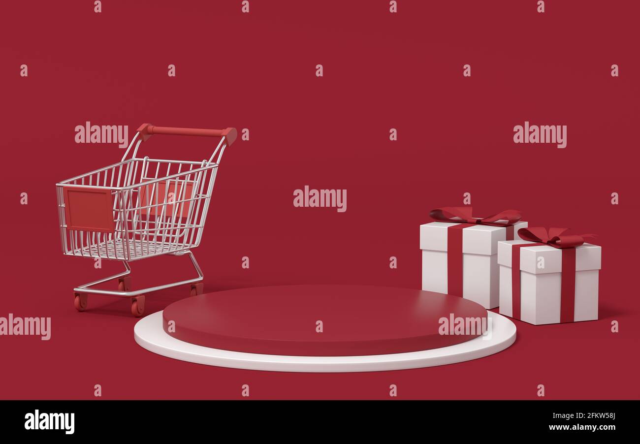 Empty merchandise stage with shopping cart and present box, 3d ...