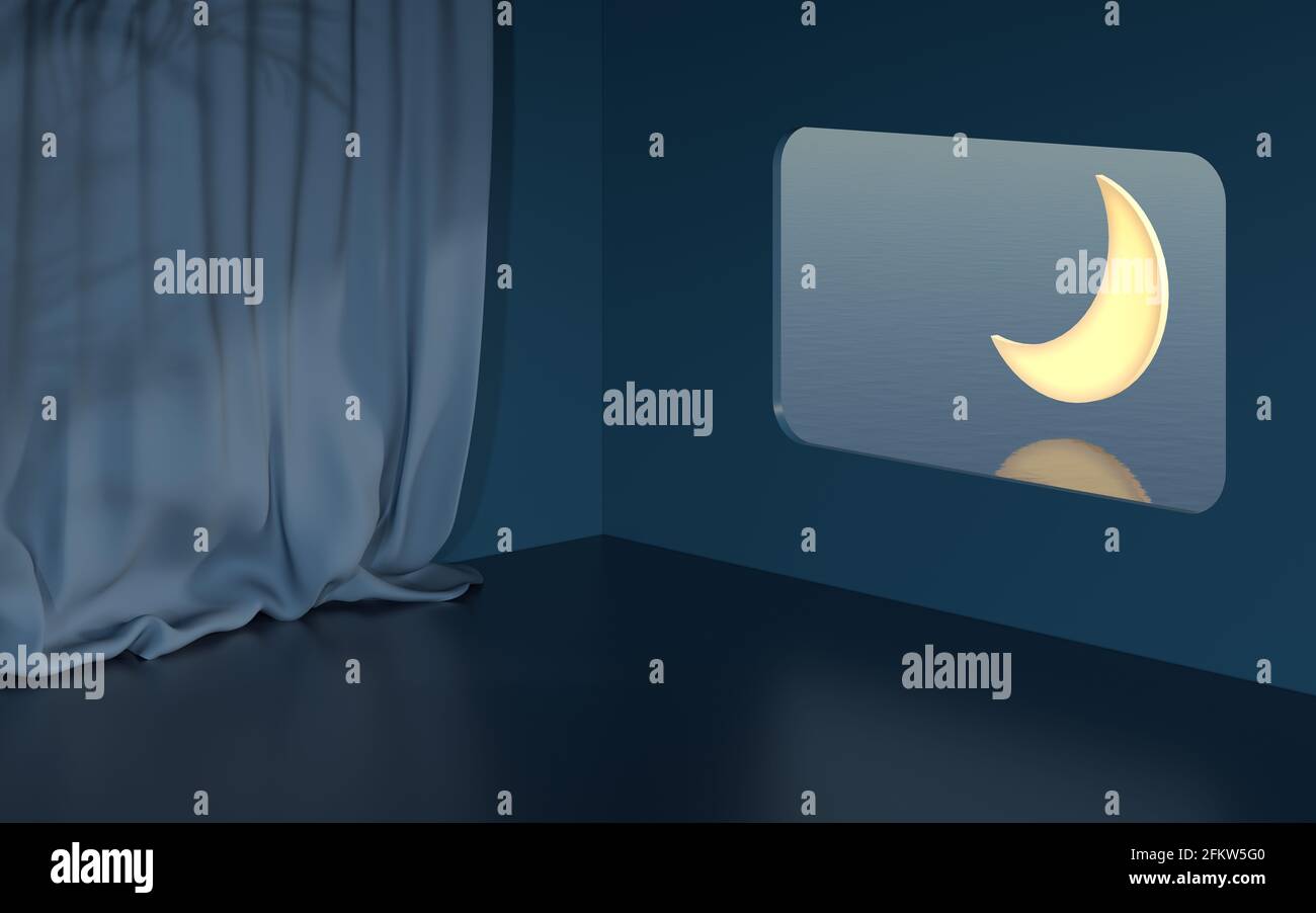 The room with an open window. The moon is outside. 3d rendering ...