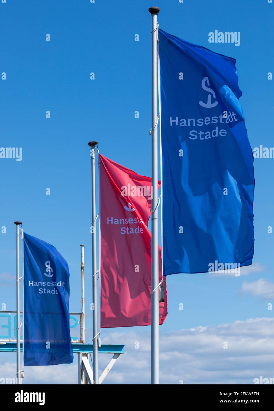 Stade, Germany - April 24, 2021: Flags at Stadersand pier showing the ...
