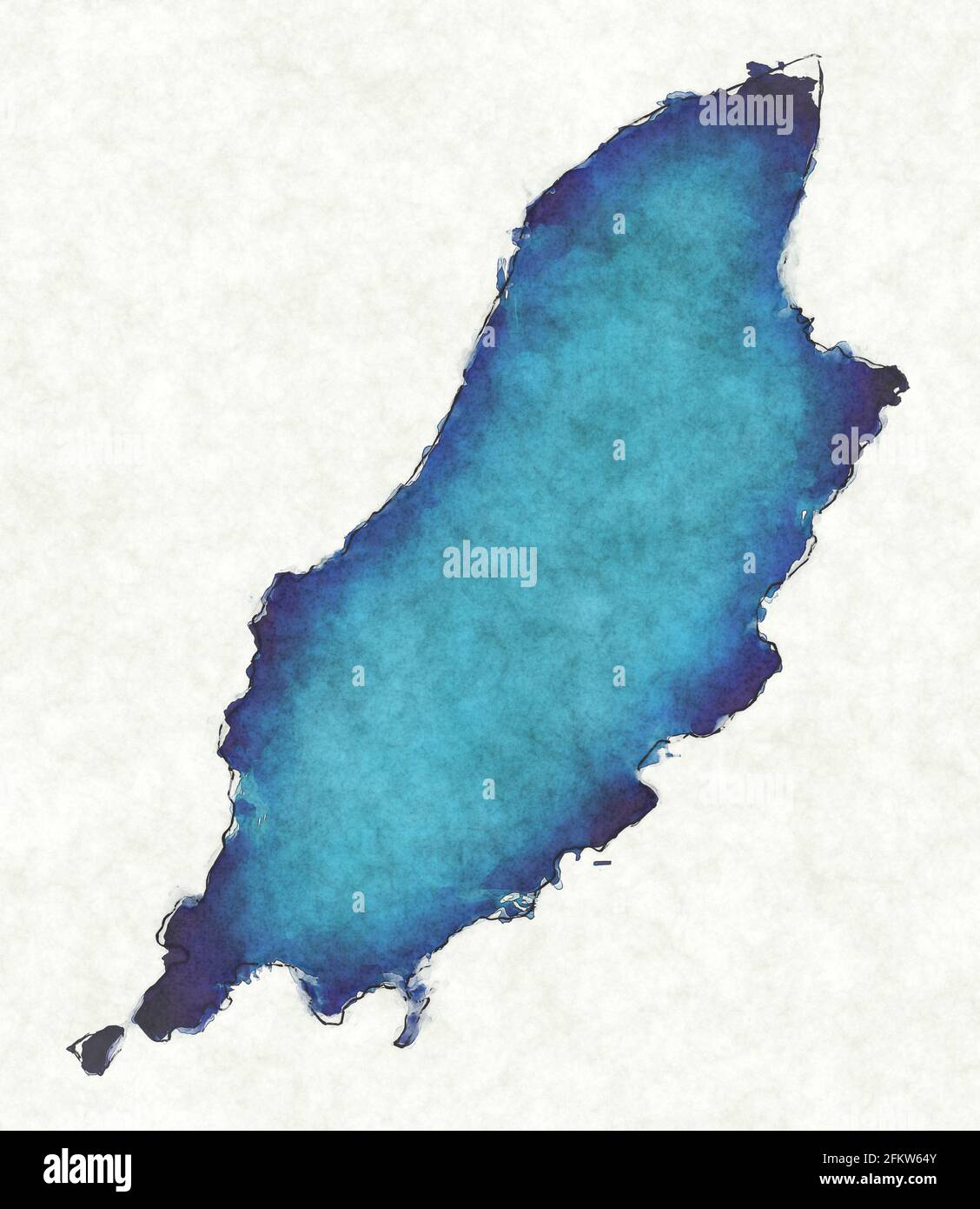 Isle of Man map with drawn lines and blue watercolor illustration Stock ...