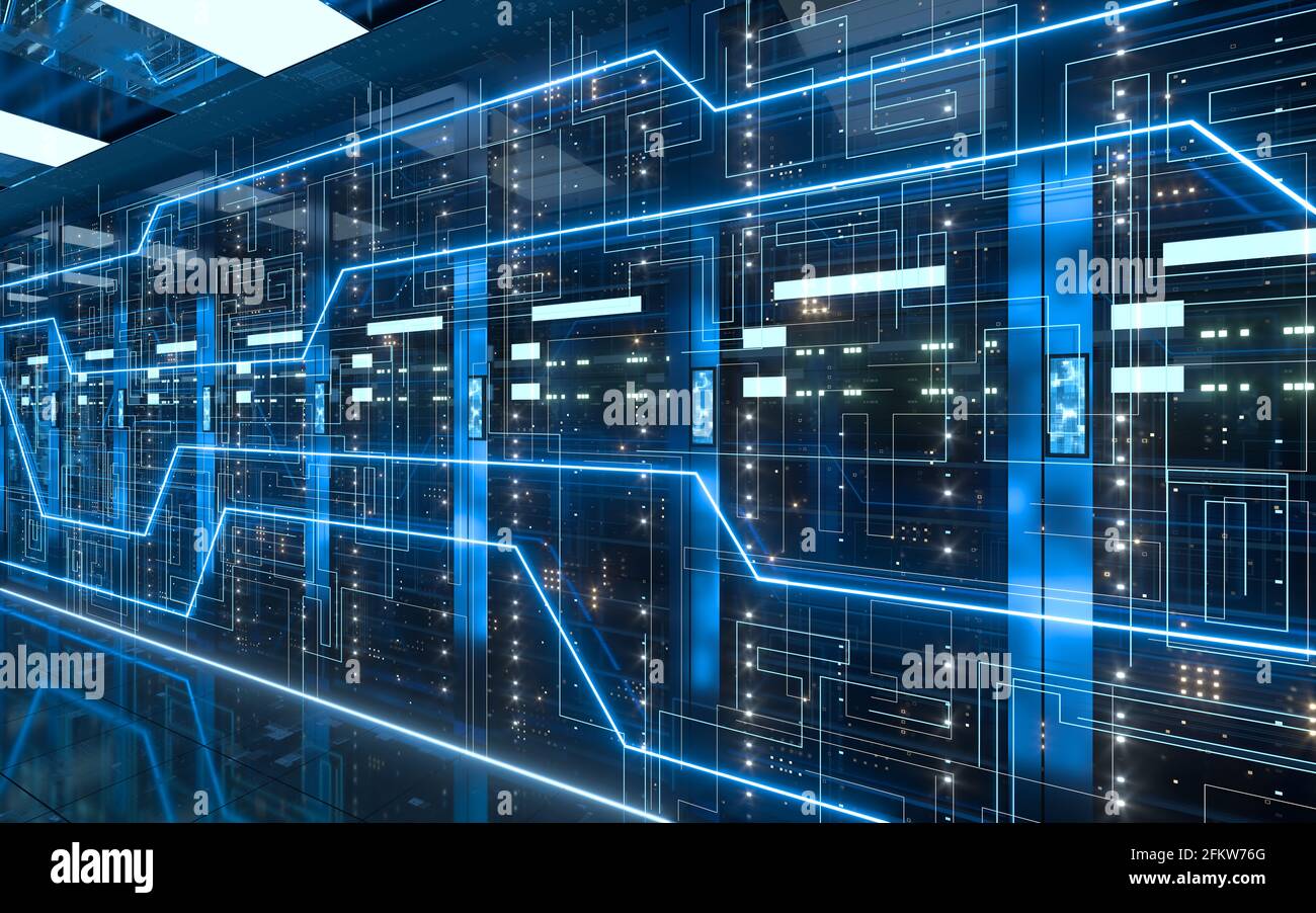 Server racks in computer network security server room data center, 3d ...