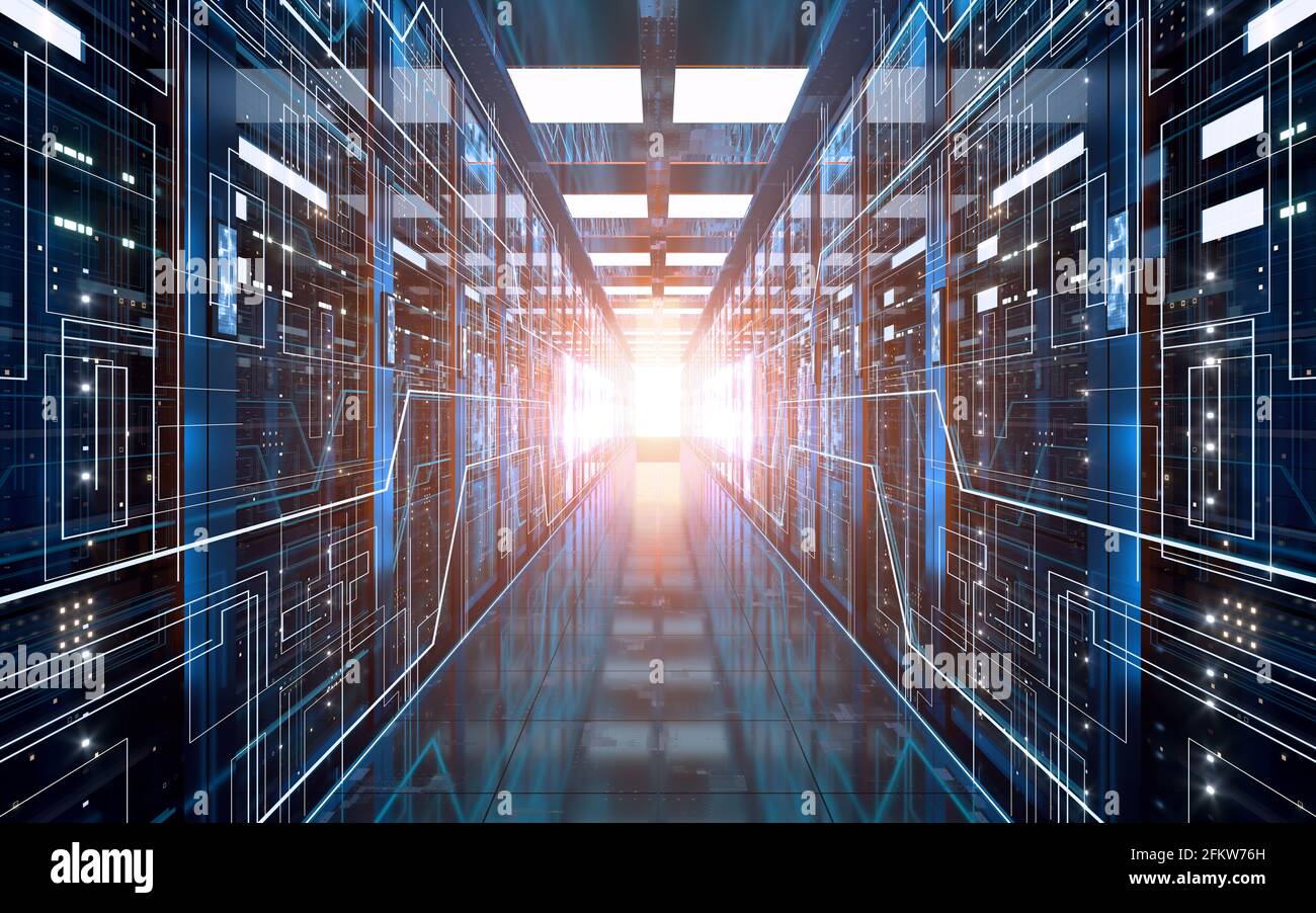 Server racks in computer network security server room data center, 3d ...