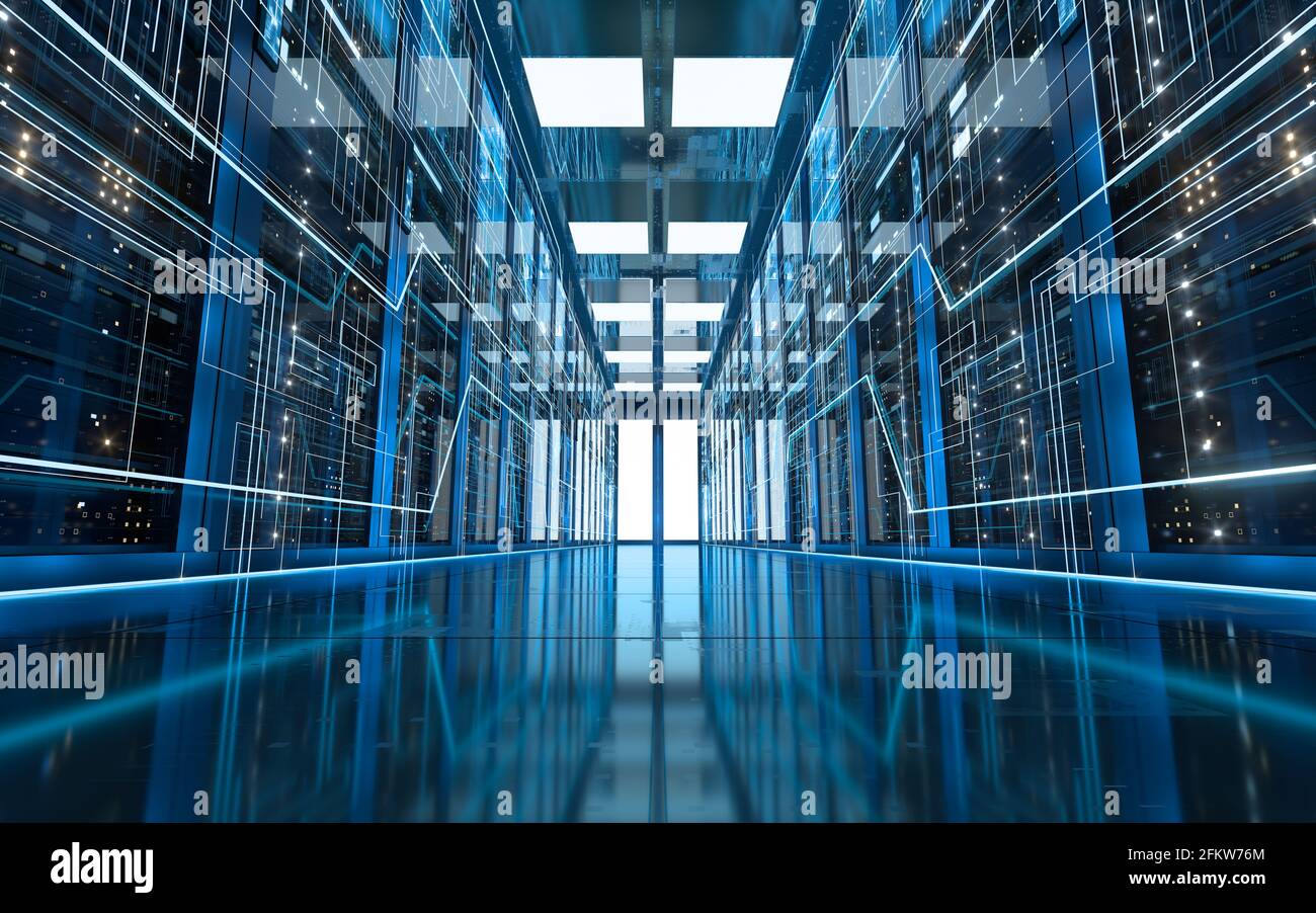 Server Racks In Computer Network Security Server Room Data Center 3d Rendering Computer