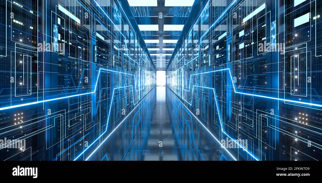 Server racks in computer network security server room data center, 3d ...