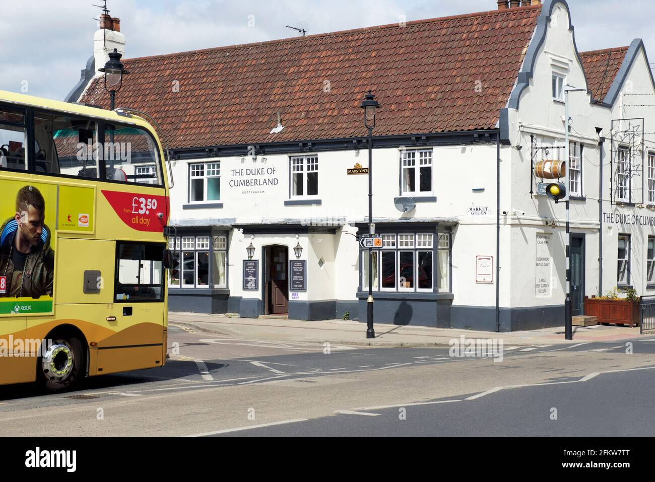 Double decker bus waiting opposite the Duke of Cumberland pub in ...