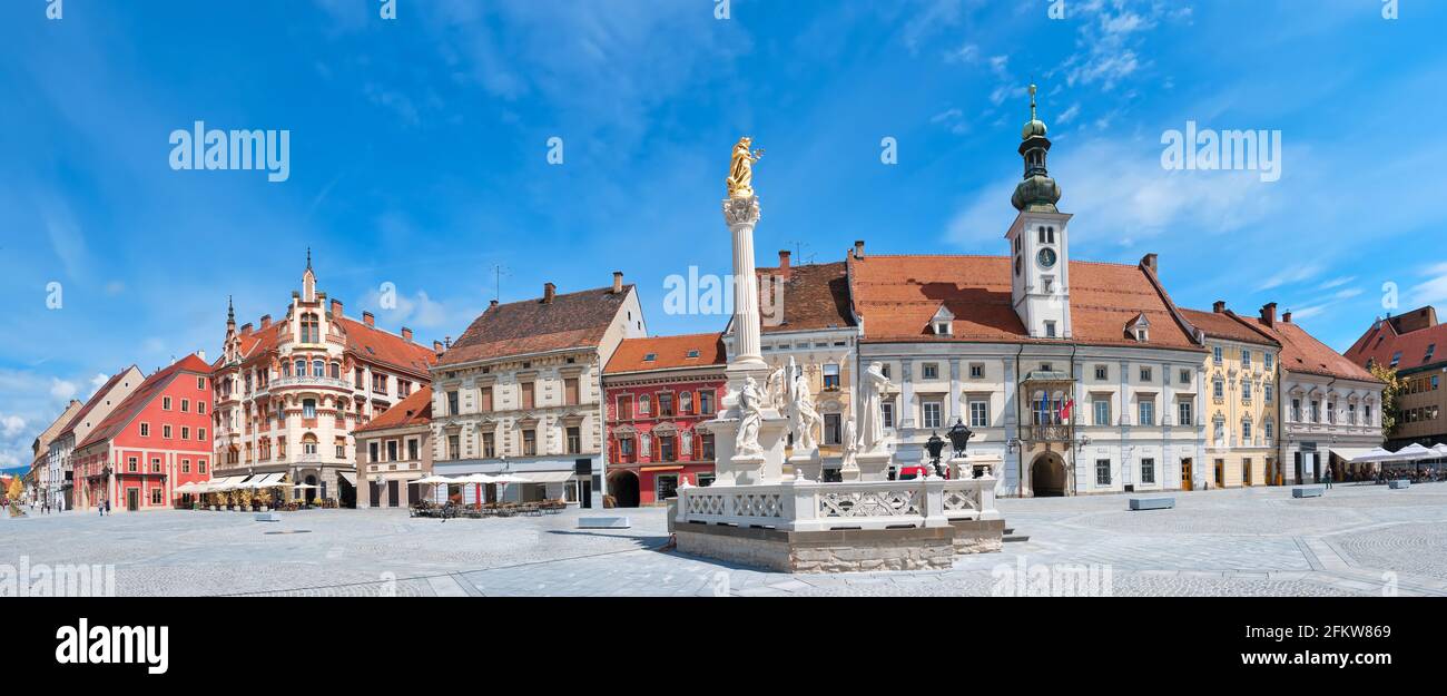 Banner, Maribor city center in Slovenia. Town Hall and Plague Monument ...