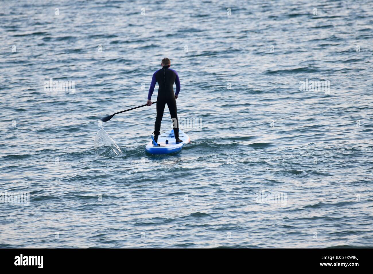 Silhouette of Man paddle boarding in the sea Stock Photo - Alamy