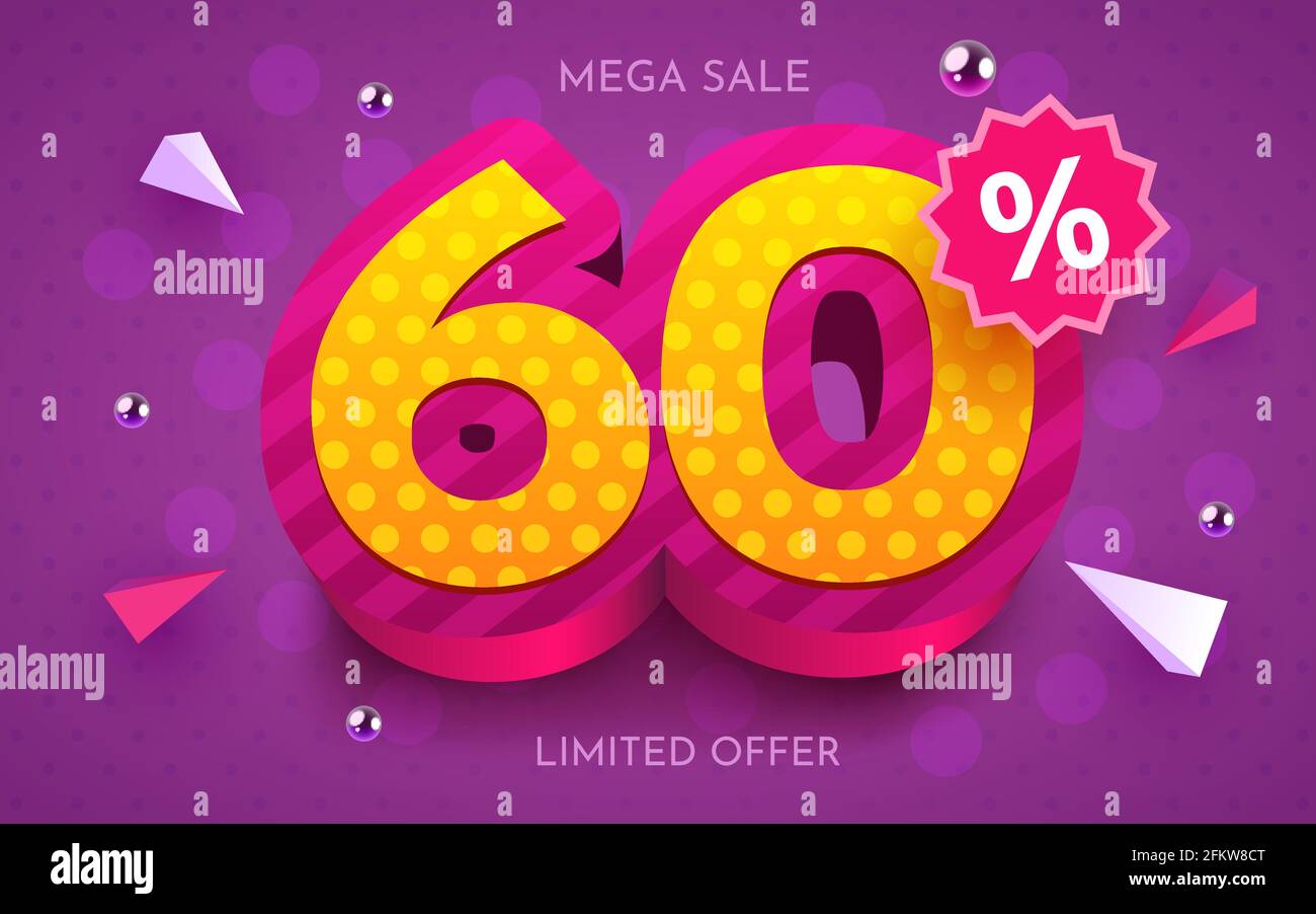 60 percent Off. Discount creative composition. 3d mega sale symbol with ...