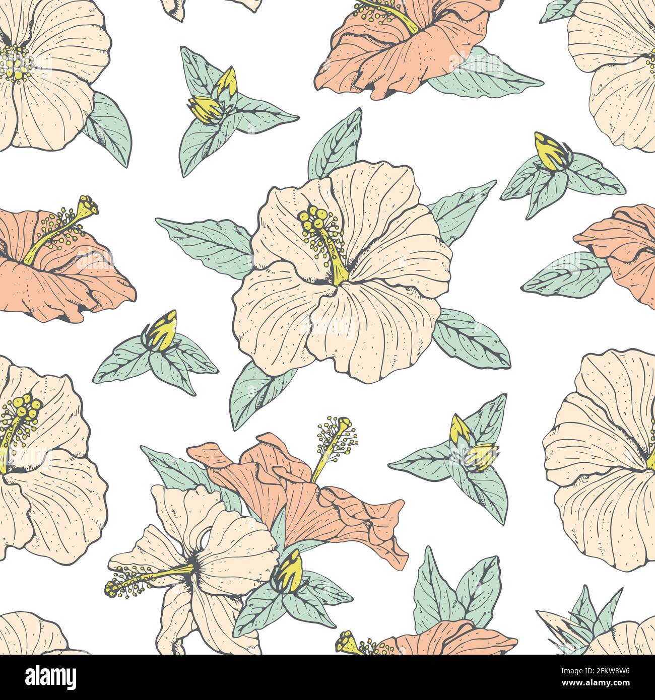 Vintage seamless pattern with line art white and pink hibiscus flowers ...