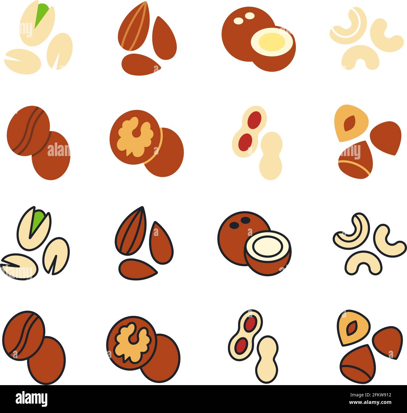 Nuts icon set. Vector linear flat color icons of nuts isolated on white ...