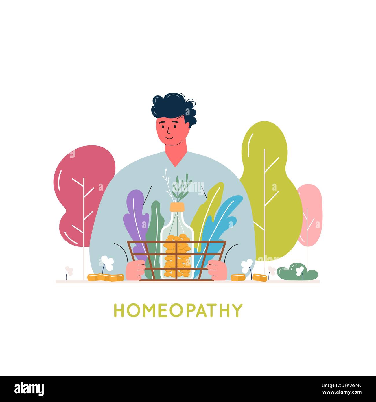 Cartoon people prepared organic natural homeopathic pills in glass jars ...