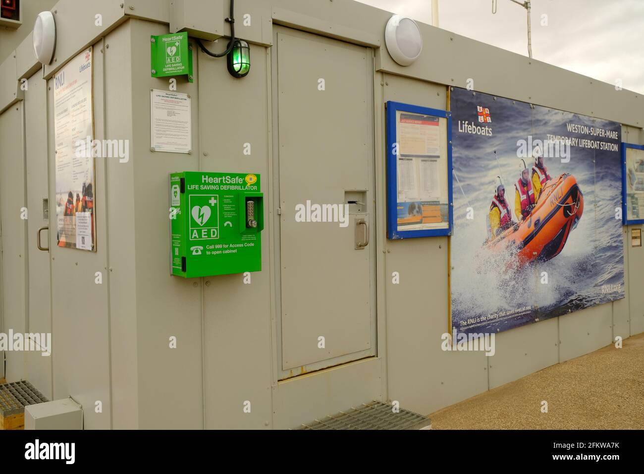 May 2021 - The temporary RNLI Lifeboat station with a defibrillator on ...