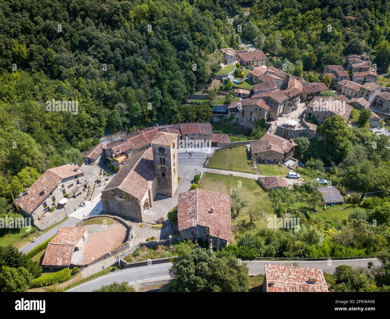 Aerial views of Beget village in La Garrotxa Natural Park Girona ...