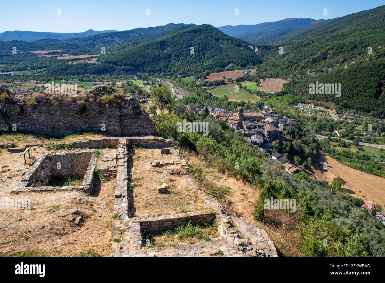 Ruins of the abandoned castle in the rural town of Boltaña a ...