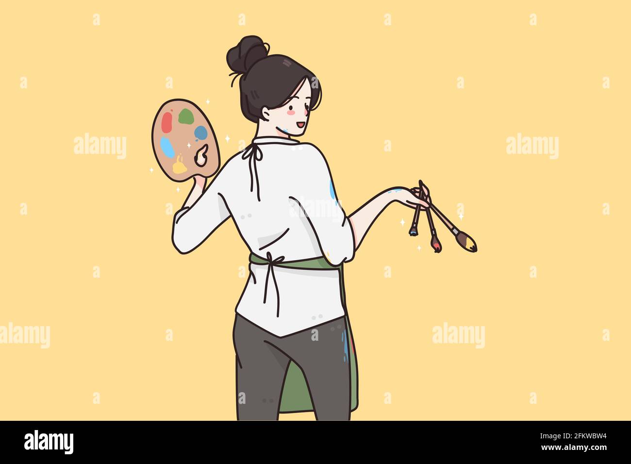 Painting and creative hobbies concept. Young smiling woman cartoon ...