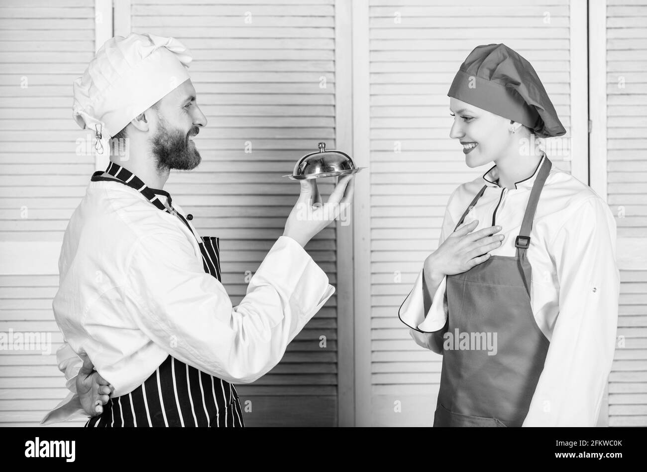 Delicious proposal. Join gourmet lifestyle. Man chef offer dessert or ...