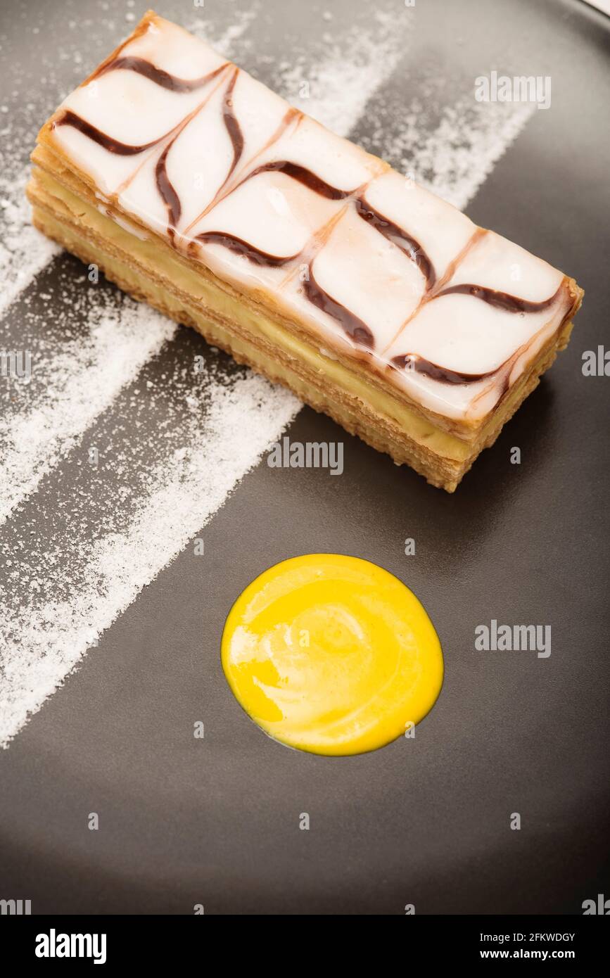 Nouvelle cuisine style presentation of a Millefeuille pastry aka ...