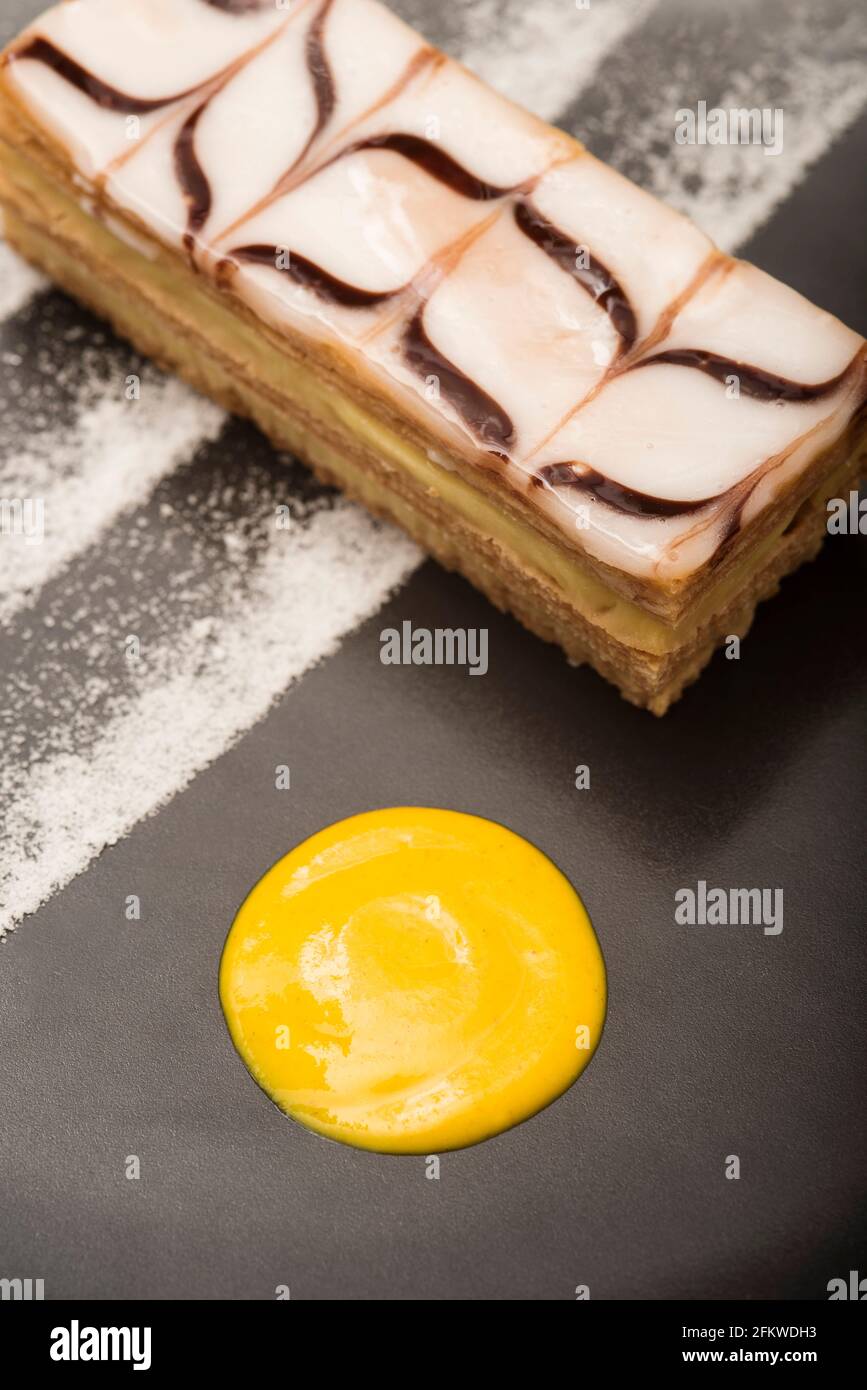 Nouvelle cuisine style presentation of a Millefeuille pastry aka ...