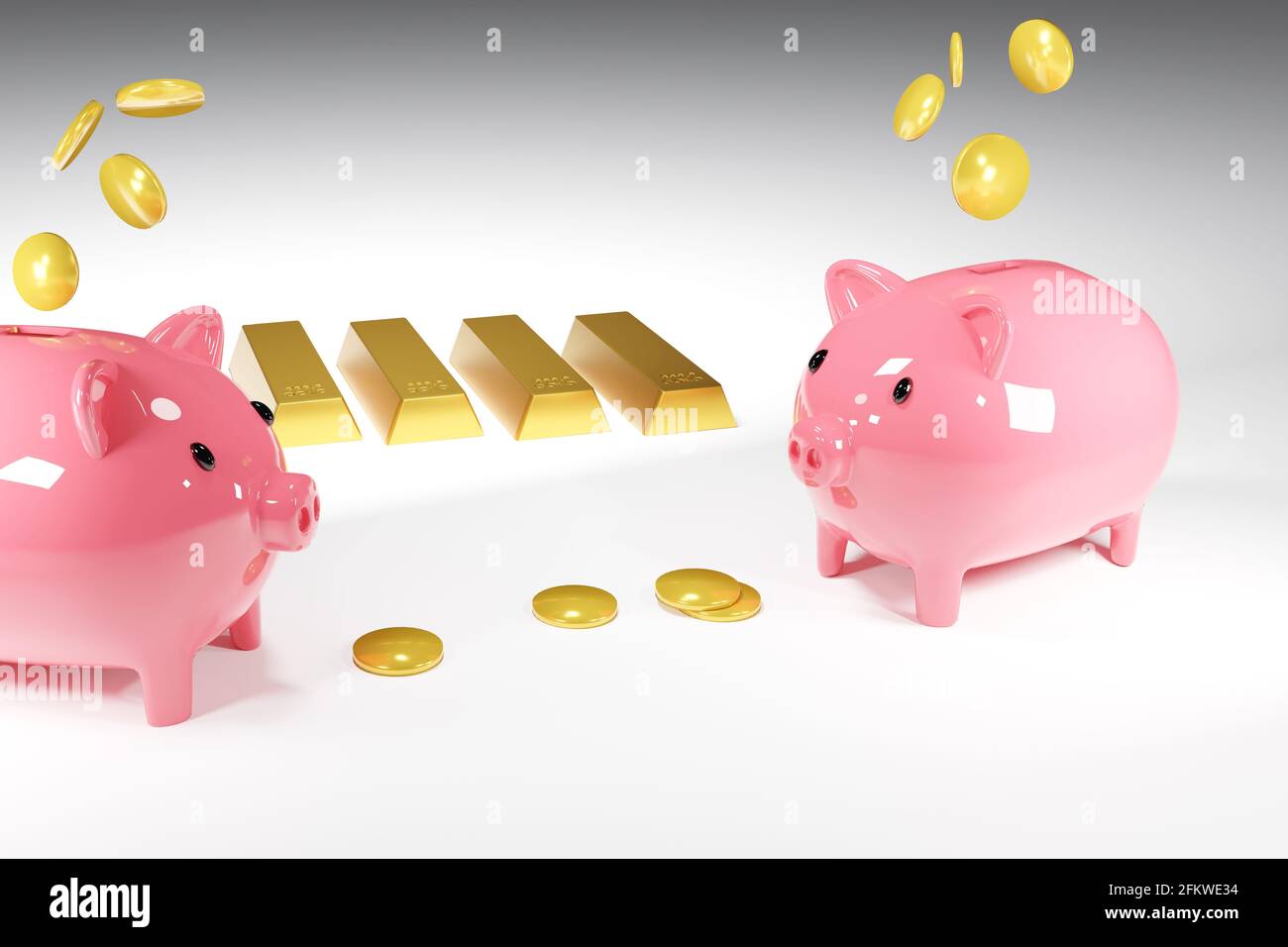 3d rendering pink coin box Piggy bank with falling gold coins. The ...