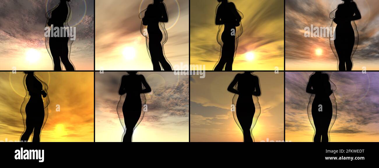 Conceptual fat overweight obese female vs slim fit healthy body after ...