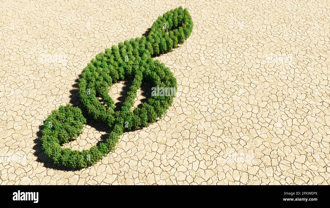 Concept or conceptual group of green forest tree on dry ground ...