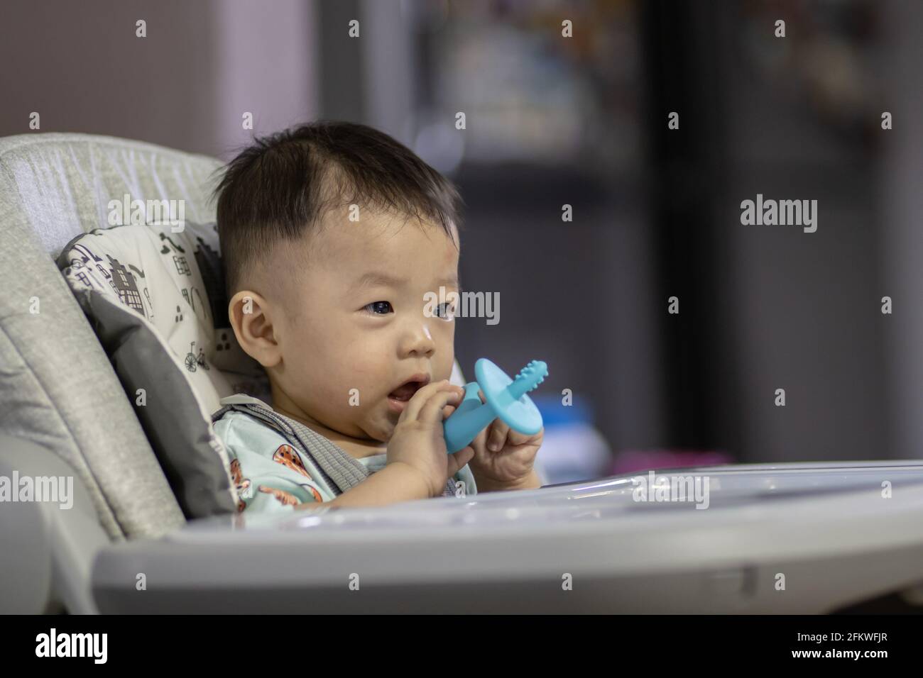 Potrait image of adorble and cute happy Asian Chinese baby boy sit on ...