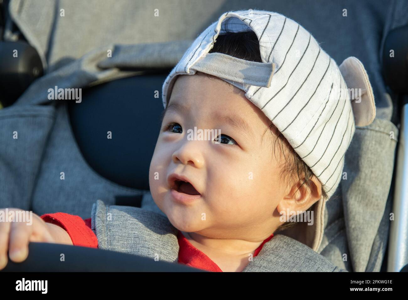 Happy and cute Asian Chinese baby boy sitting on stroller at park ...