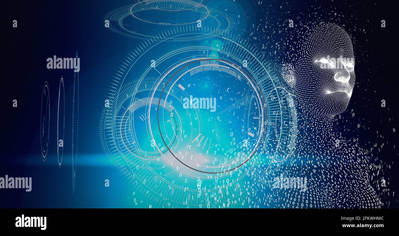 Composition of female bust formed with binary coding and scopes scanning on blue background ...