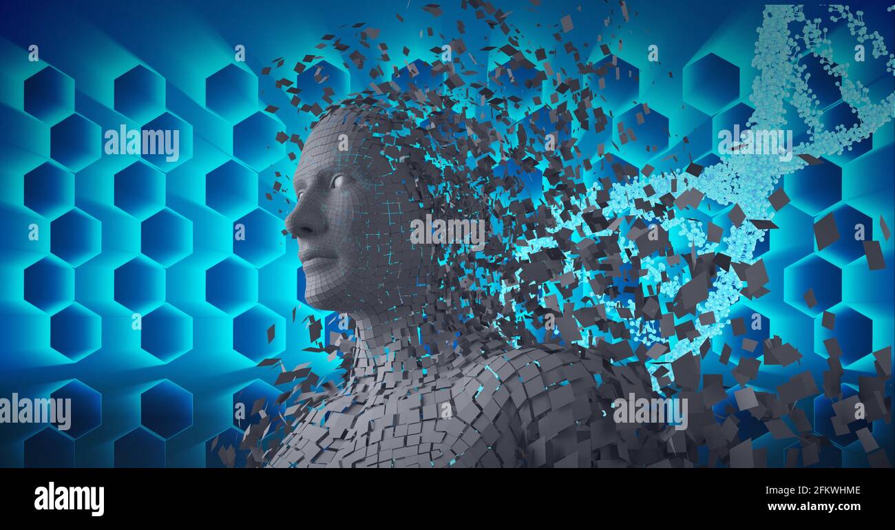 Composition of human bust formed with grey particles, dna strand and ...