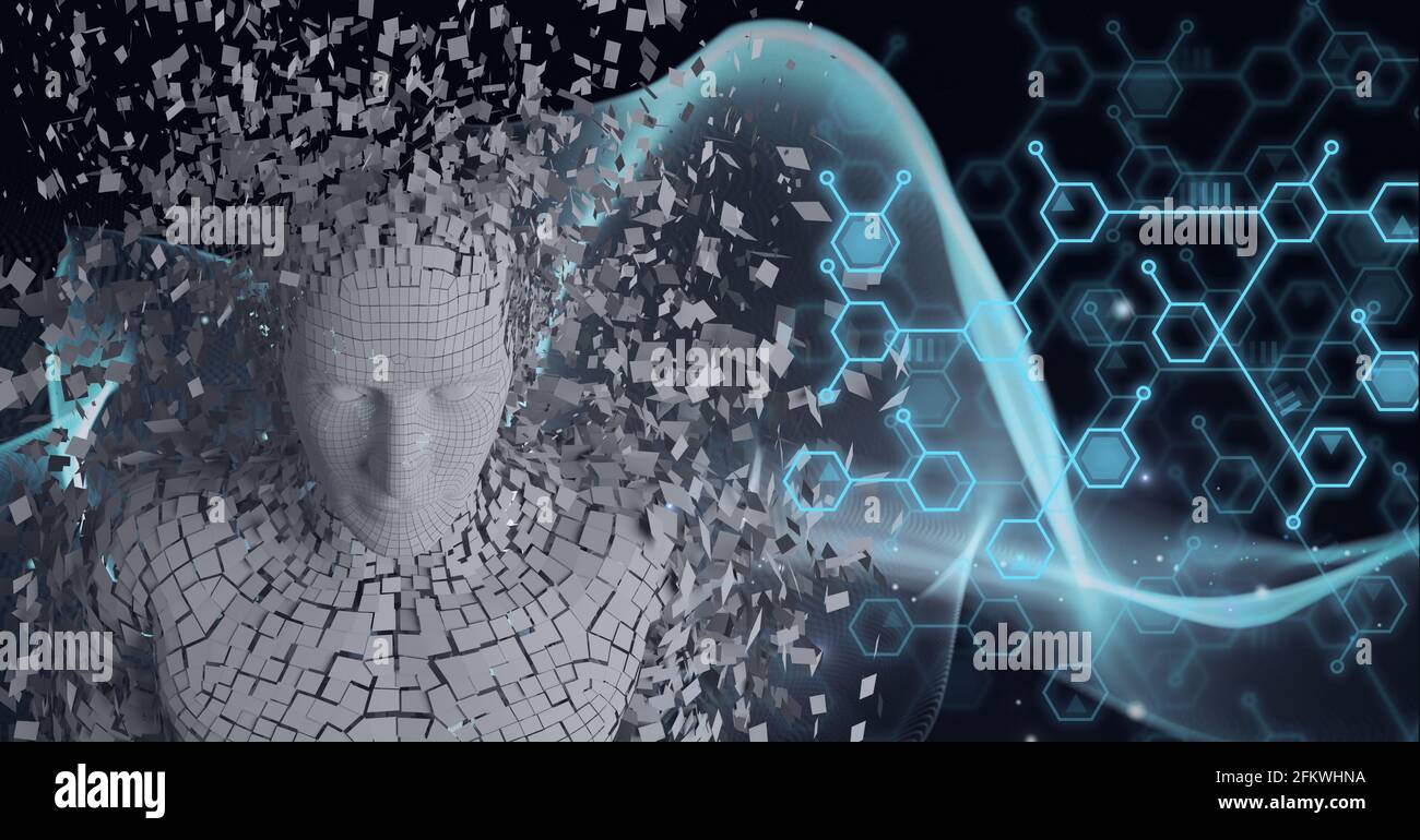 Composition of human bust formed with grey particles and chemical ...