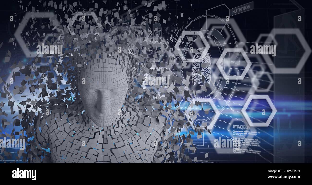 Composition of human bust formed with grey particles and hexagons on ...