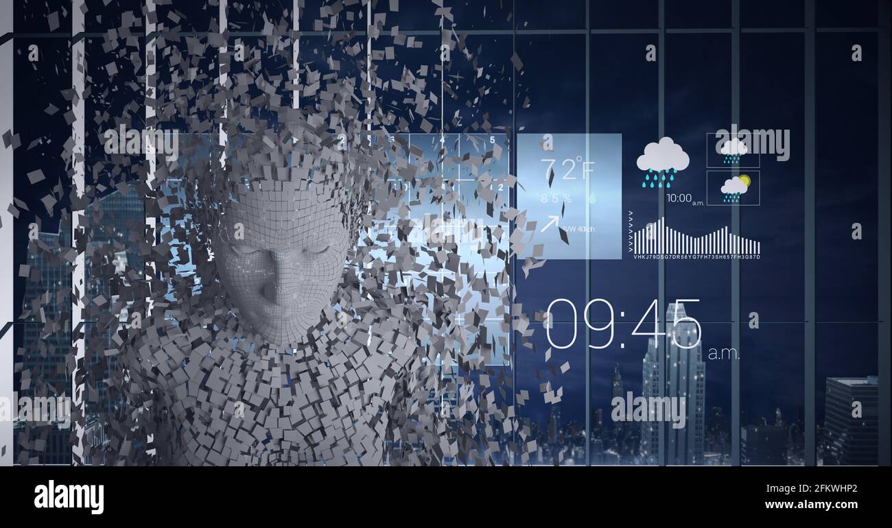 Composition of human bust formed with grey particles over time and ...