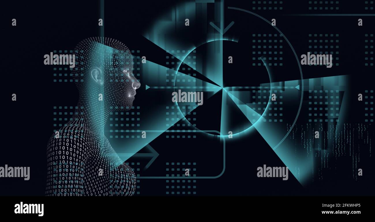 Composition of human bust formed with binary coding with scope scanning on black background ...