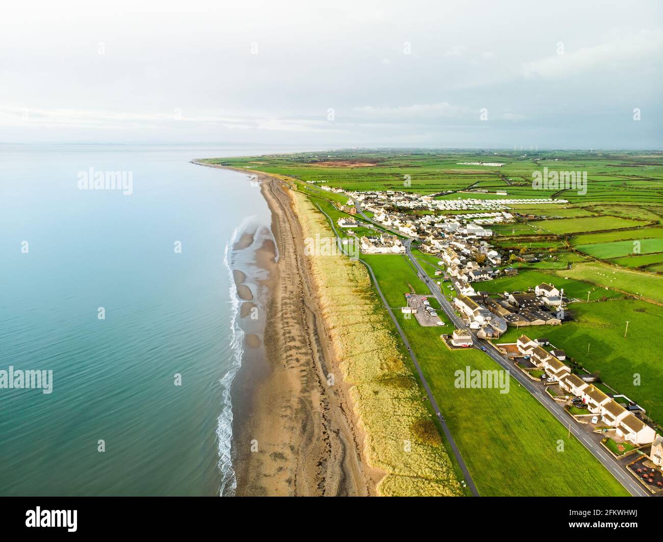 Aerial view of Allonby village beach in Allerdale district in Cumbria ...